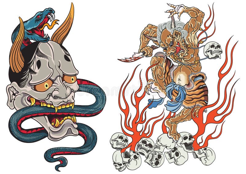 Japanese Demon Oni Tattoo. Set of Labels and Elements. Vector Set ...