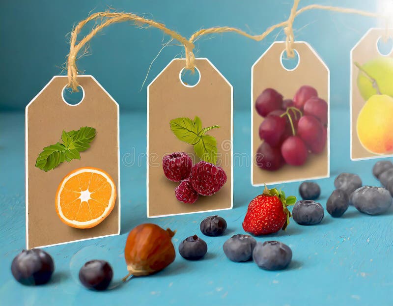 A Set of Labels for Fruits and Berries on a Blue Background. Labels ...