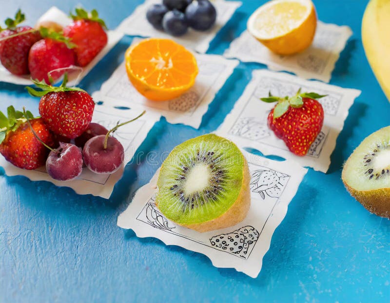 A Set of Labels for Fruits and Berries on a Blue Background. Labels ...