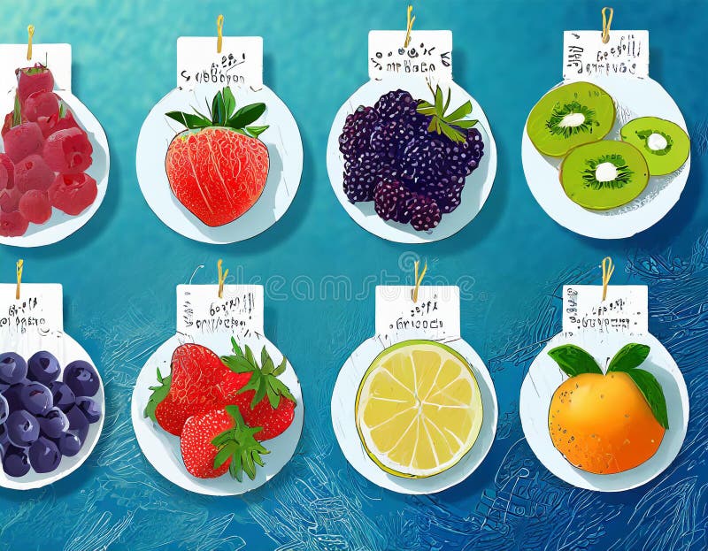 A Set of Labels for Fruits and Berries on a Blue Background. Labels ...