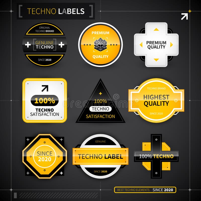 Set of 9 Labels in Techno Style Stock Vector - Illustration of creative ...