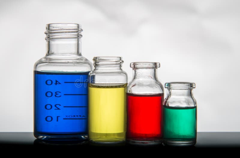 Set of Laboratory Bottles with Liquid Stock Image - Image of glass ...