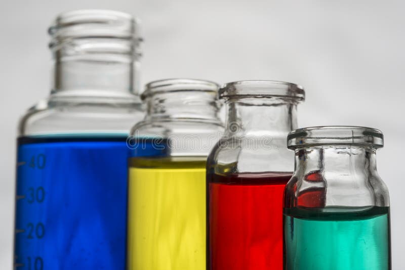 Set of Laboratory Bottles with Liquid Stock Image - Image of analyze ...