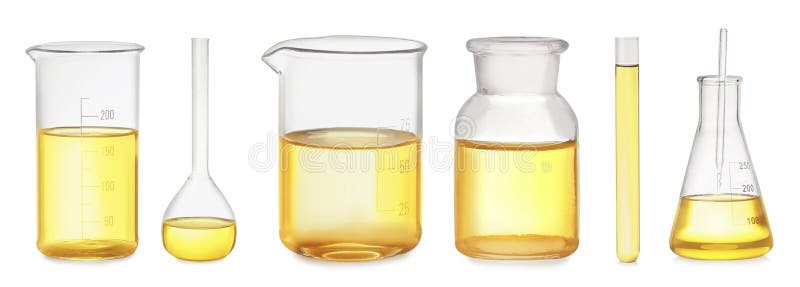 Set of Laboratory Glassware with Yellow Liquid on Background. Banner ...