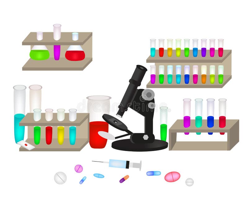 Set for the Laboratory. Microscope. Multicolored Tubes, Flasks, Tablets ...