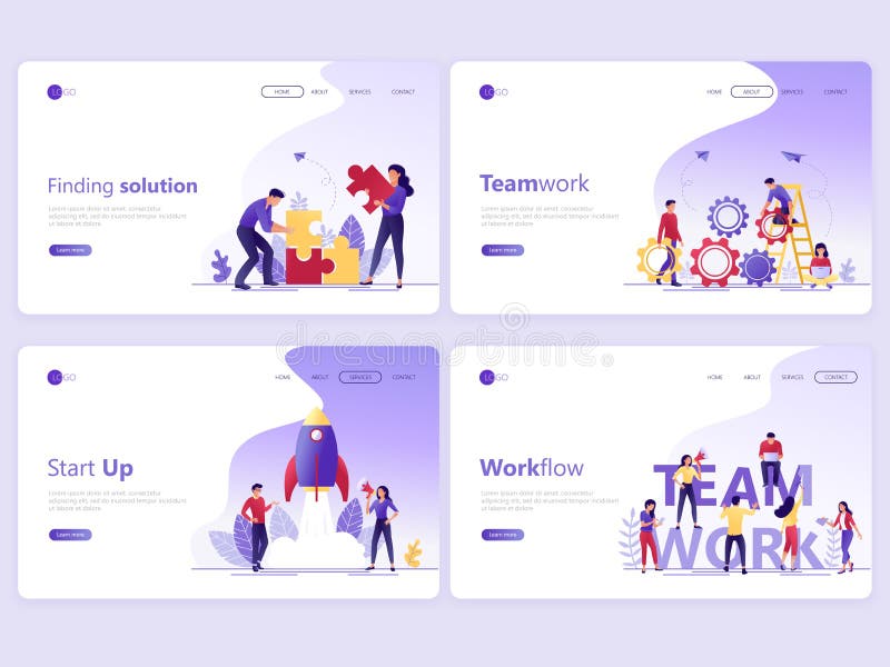 Set of Landing Page Templates. Business Service App, Team Work, Start ...