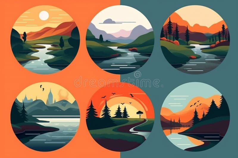 Set of Landscape Icons with Mountains Stock Illustration - Illustration ...