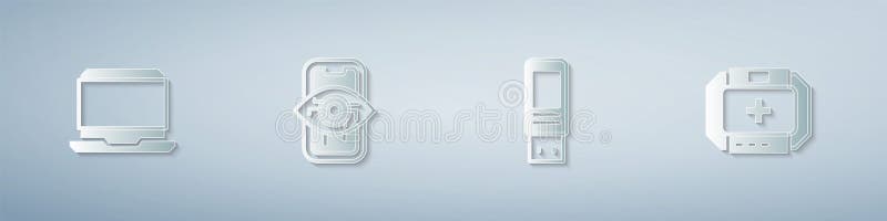 Set Laptop, Computer Vision, USB Flash Drive and First Aid Kit. Paper ...