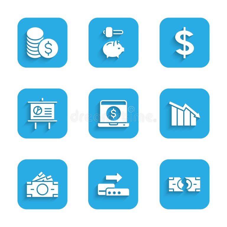 Set Laptop with Dollar, Pos Terminal, Tearing Money Banknote, Financial Growth Decrease, Stacks ...