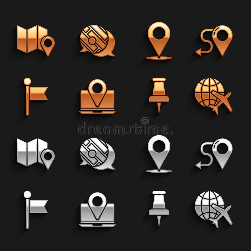 Set Laptop with Location Marker, Route, Globe Flying Plane, Push Pin ... Set Laptop with Location Marker, Route, Globe Flying Plane, Push Pin ...