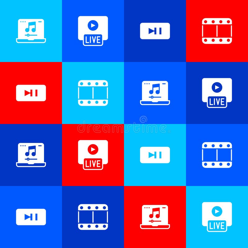 Set Laptop with Music, Live Stream, Pause Button and Play Video Icon ...