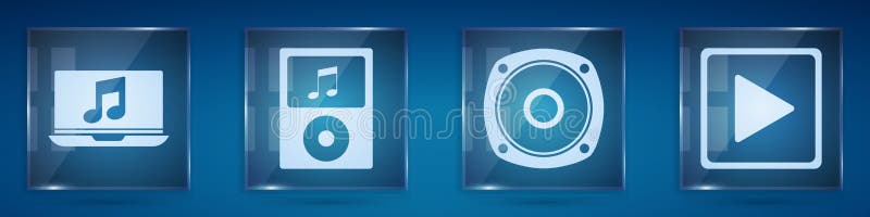 Set Laptop with Music Note, Music Player, Stereo Speaker and Play in ...