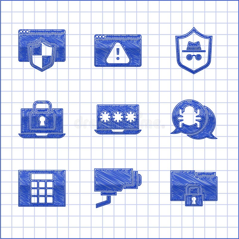 Set System Bug, Browser with Shield, Folder and Lock, Security Camera, Exclamation Mark and ...