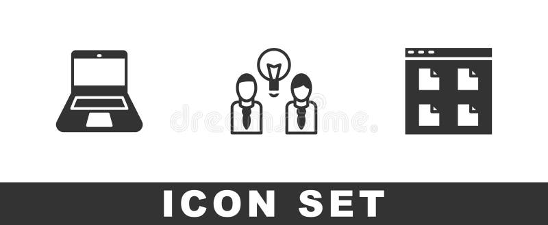 Set Laptop, People with Lamp Bulb and Browser Files Icon. Vector Stock ...
