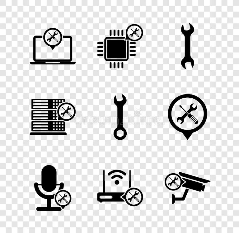 Set Laptop Service, Processor, Wrench, Microphone, Router Wi-fi with ...