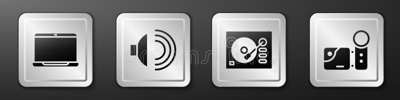 Set Laptop, Speaker Volume, Vinyl Player and Cinema Camera Icon. Silver ...