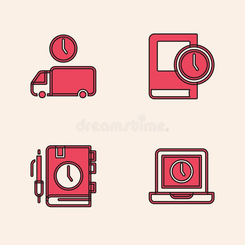 Set Laptop Time, Delivery, Time for Book and daily Paper Notepad Icon ...