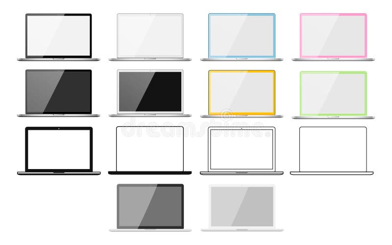 Set of Laptops Made in Different Styles: Realistic, Flat, Linear Icon ...