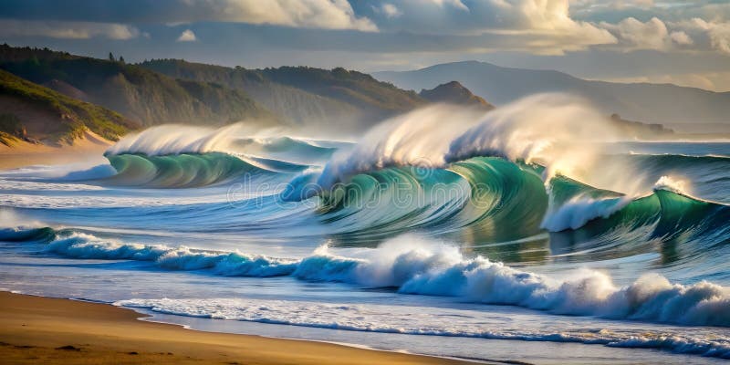 A Set of Large Waves Approaching a Remote Beach Stock Illustration ...