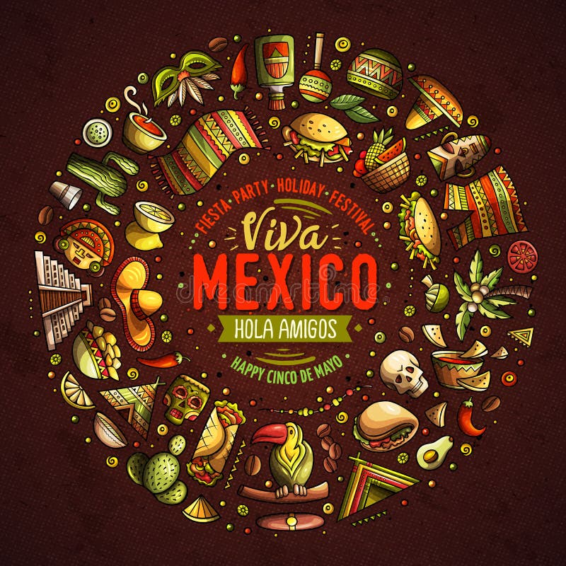 Set of Latin American Cartoon Doodle Objects, Symbols and Items Stock ...