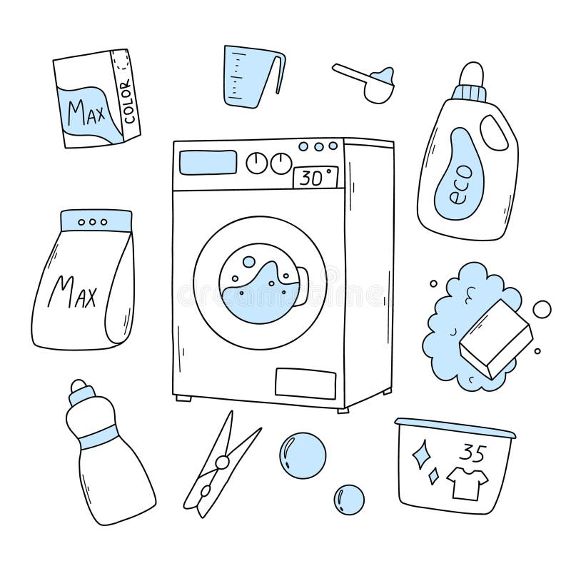 Set of Laundry Items in Doodle Style. Linear Collection of Laundry ...