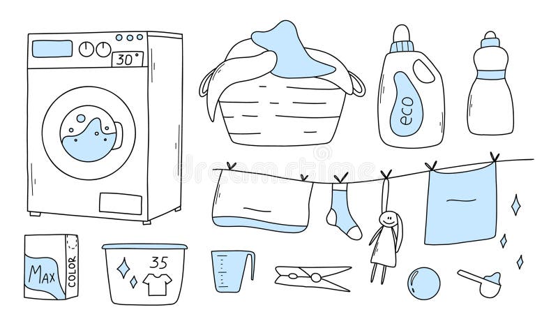 Set of Laundry Items in Doodle Style. Linear Collection of Laundry Items. Vector Illustration ...