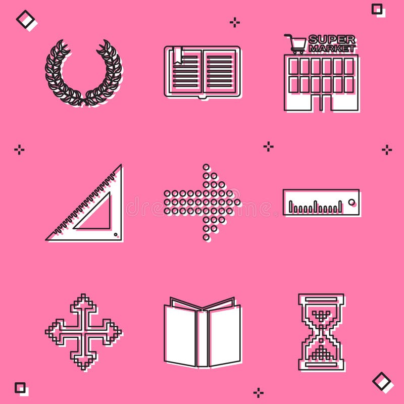 Set Laurel Wreath, Open Book, Supermarket Building, Triangular Ruler ...