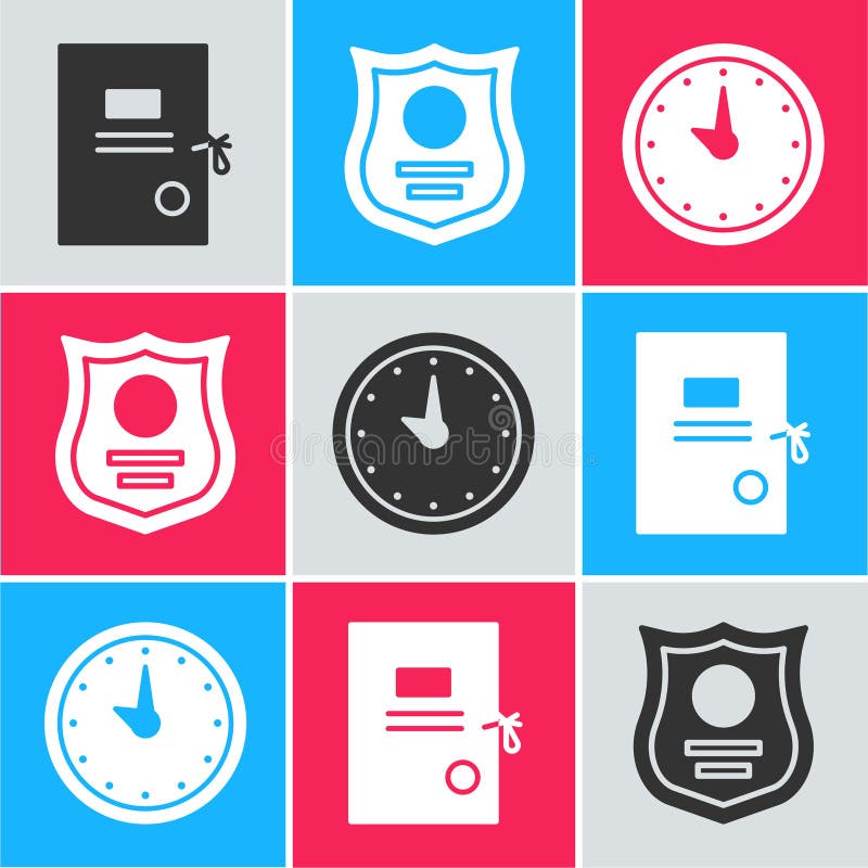 Set Lawsuit Paper, Police Badge and Clock Icon. Vector Stock Vector ...
