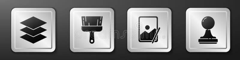 Set Layers, Paint Brush, Graphic Tablet and Stamp Icon. Silver Square ...