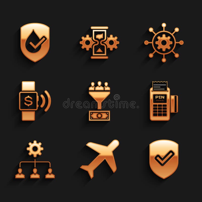 Set Lead Management, Plane, Shield with Check Mark, POS Terminal, and ...
