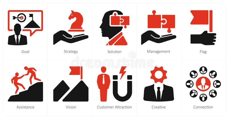 A Set of 10 Leadership Icons As Goal, Strategy, Solution, Management ...