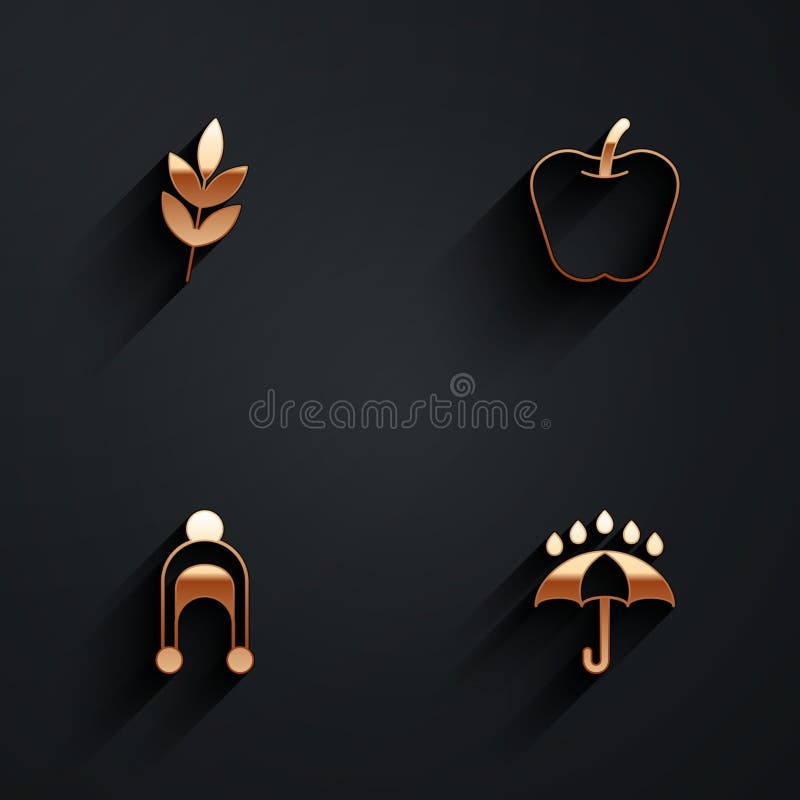 Set Leaf, Apple, Winter Hat and Umbrella and Rain Drops Icon with Long ...