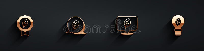Set Leaf Eco Symbol, Location with Leaf and Light Bulb Icon with Long ...