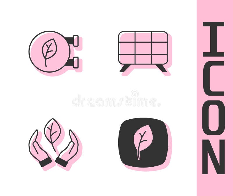 Set Leaf Eco Symbol, Shop, in Hand and Solar Energy Panel Icon. Vector ...