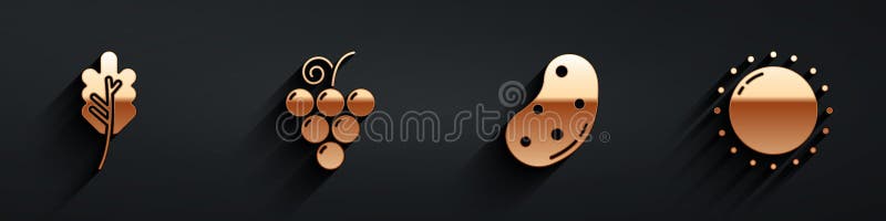 Set Leaf or Leaves, Grape Fruit, Potato and Sun Icon with Long Shadow ...