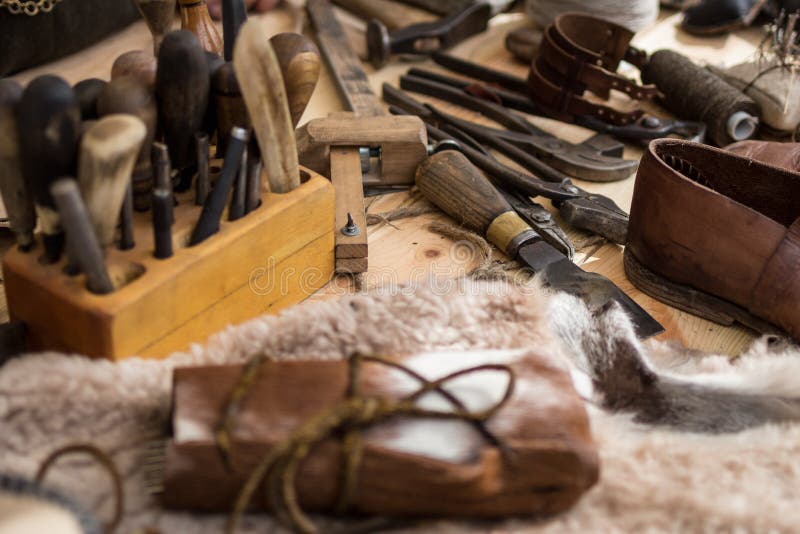 Set of Leather Working Tools on Working Desk Stock Photo - Image of ...