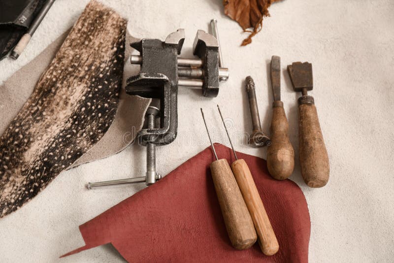 Set of Leather Working Tools on Table in Workshop Stock Image - Image ...
