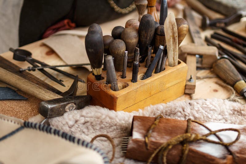 Set of Leather Working Tools on Working Desk Stock Photo - Image of ...