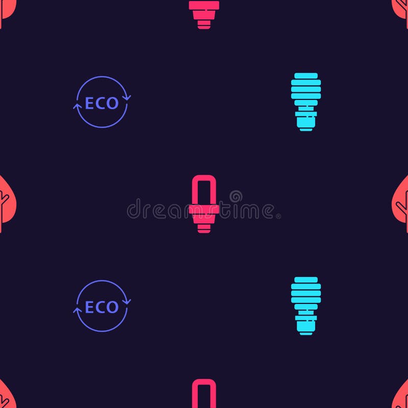 Set LED Light Bulb, Label for Eco Healthy Food, and Tree on Seamless ...