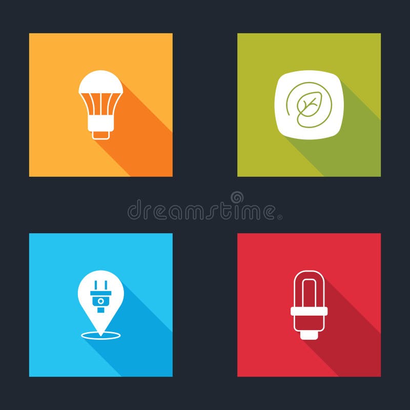 Set LED Light Bulb, Location with Leaf, Electric Plug and Icon. Vector ...