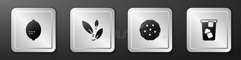 Set Lemon, Tea Leaf, Cookie or Biscuit and Ice Tea Icon. Silver Square ...