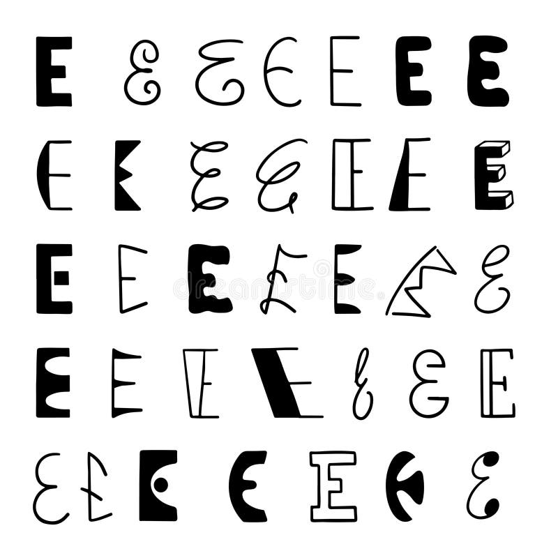 Set of Letters E in Different Styles. Hand Drawn Lettering. Isolated on ...