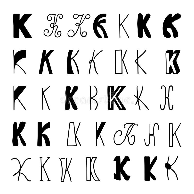 Set of Letters K in Different Styles. Hand Drawn Lettering. Isolated on ...