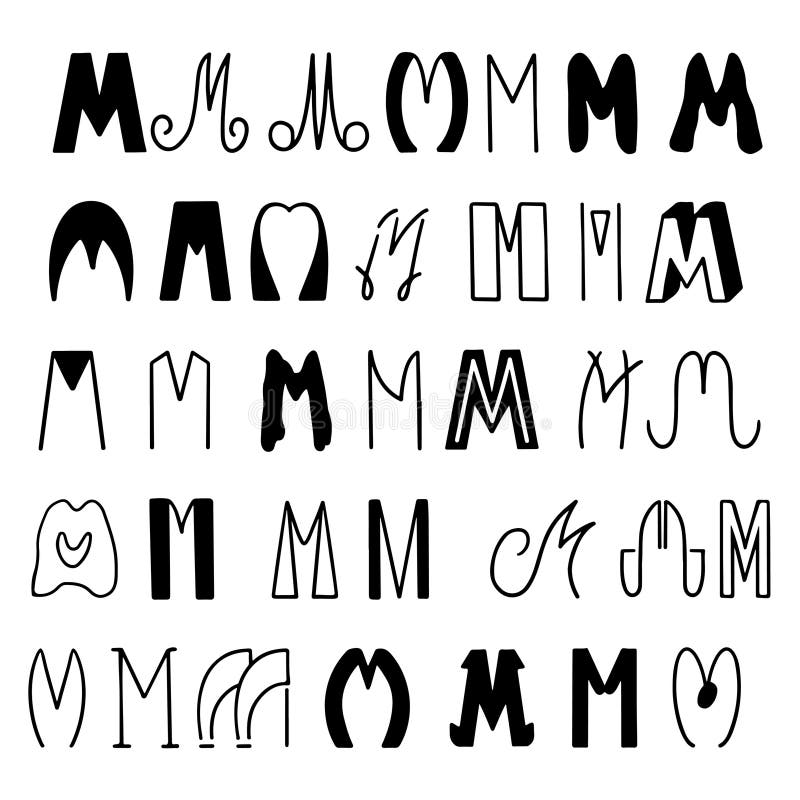 Set of Letters M in Different Styles. Hand Drawn Lettering. Isolated on ...