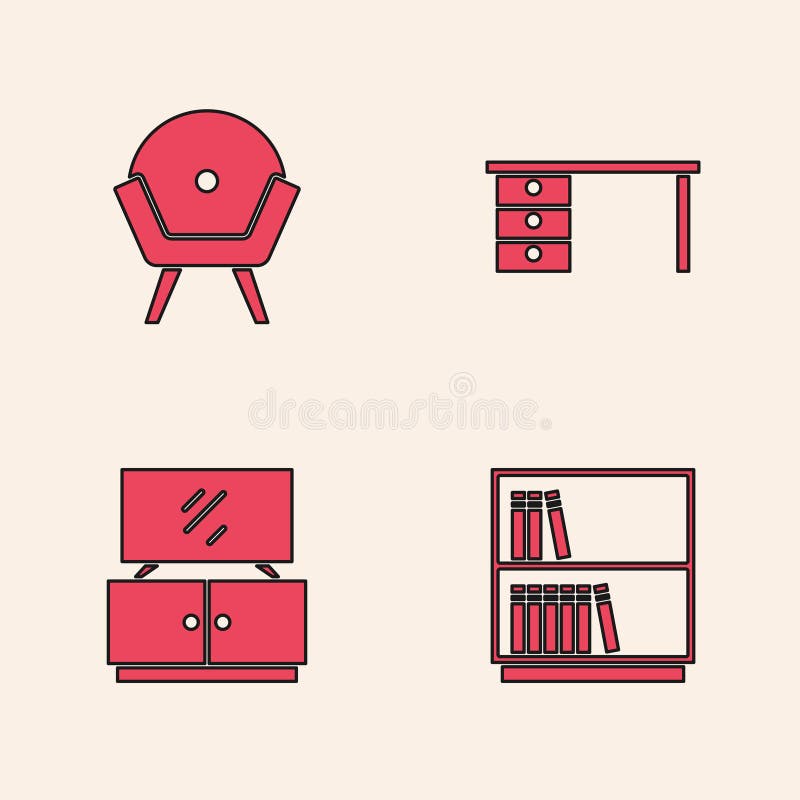 Set Library Bookshelf, Armchair, Office Desk and TV Table Stand Icon ...
