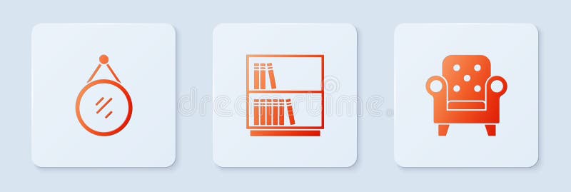 Set Library Bookshelf, Mirror and Armchair. White Square Button Stock ...