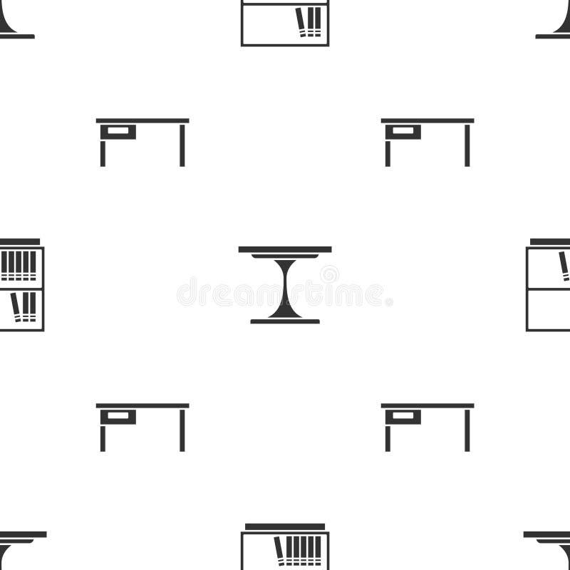 Set Library Bookshelf, Round Table and Office Desk on Seamless Pattern ...