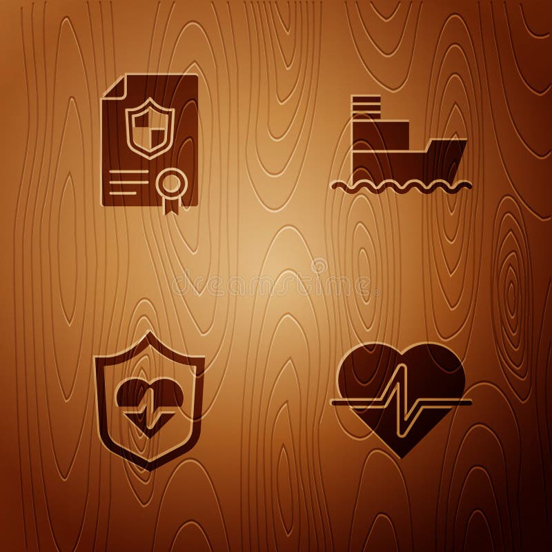Set Life Insurance, Contract with Shield, and Ship on Wooden Background ...