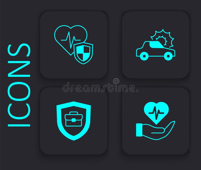 Set Life Insurance in Hand, with Shield, Car and Briefcase Icon. Black ...