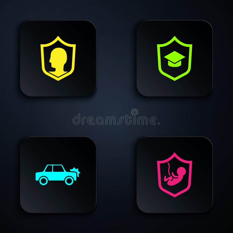 Set Life Insurance with Shield, , Car and Graduation Cap. Black Square ...